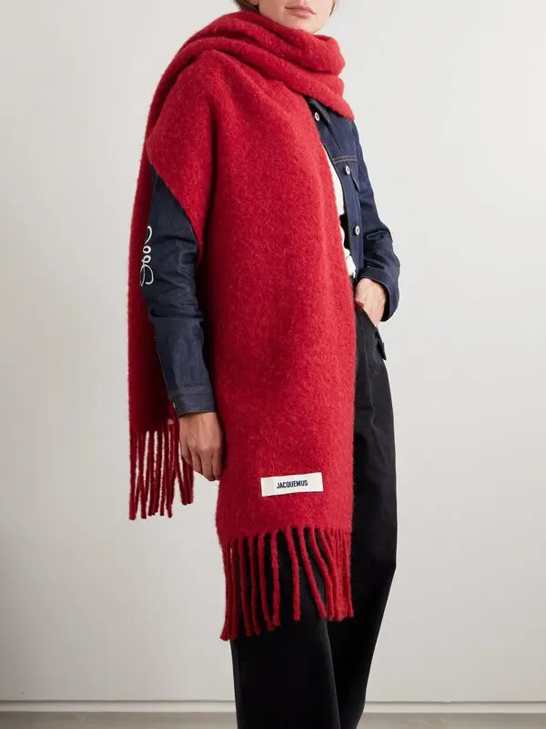 Jacquemus Fringed Appliquéd Brushed Knitted Scarf - Red