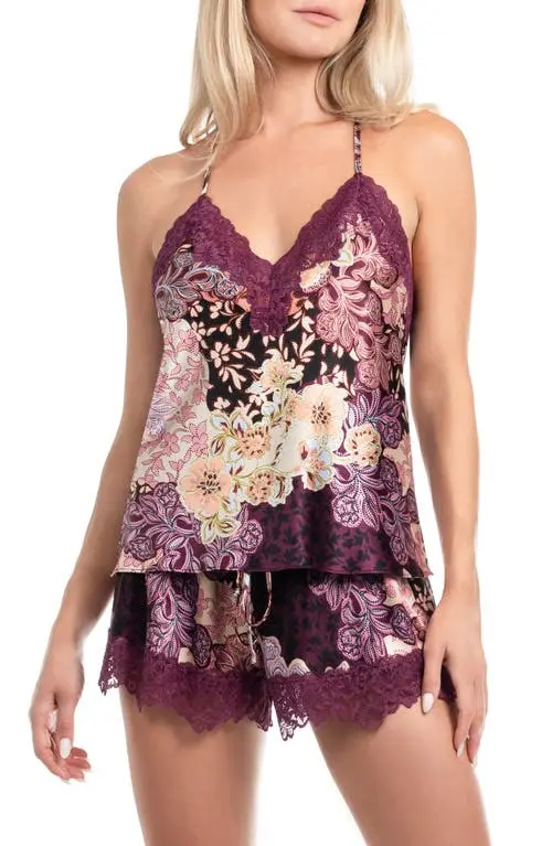 IN BLOOM BY JONQUIL Anna Printed Lace Trim Satin Camisole & Shorts Pajamas - Plum