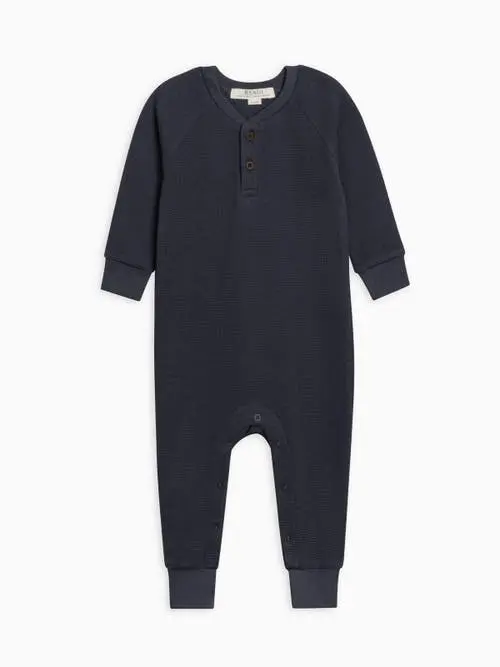 KENDI Crosby Waffle Knit Henley Romper - Navy