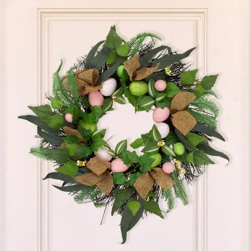 NORTHLIGHT Easter Egg And Burlap Ribbon Mixed Foliage Twig Wreath22 - Green