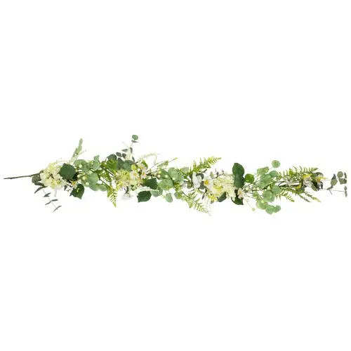 NORTHLIGHT Hydrangea And Eucalyptus Artificial Floral Spring Garland5 - White