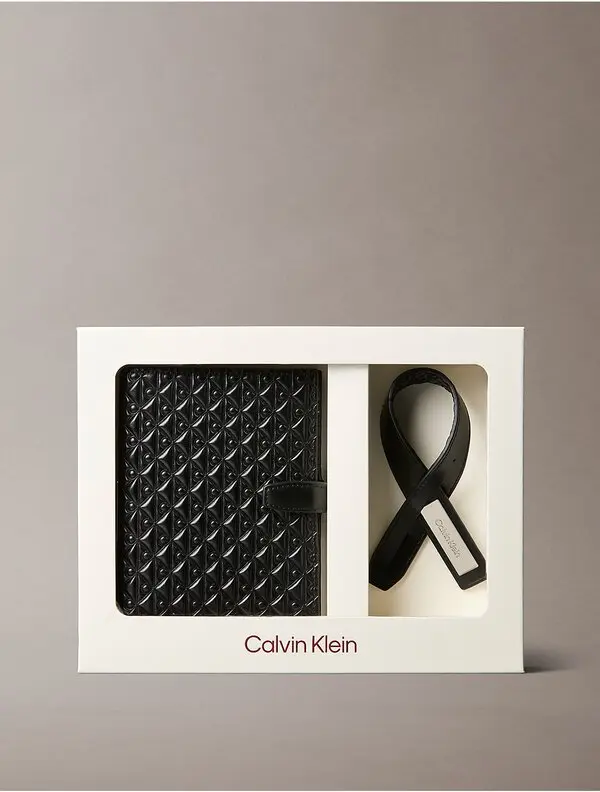 Calvin Klein Embossed Monogram Passport Holder And Luggage Tag Set - Black/formal Gray