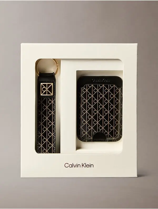Calvin Klein Allover Monogram Key Fob And Card Case - Black