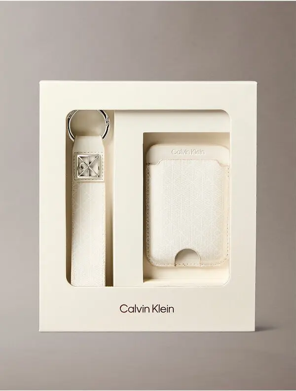 Calvin Klein Allover Monogram Key Fob And Card Case - Lily White Aop