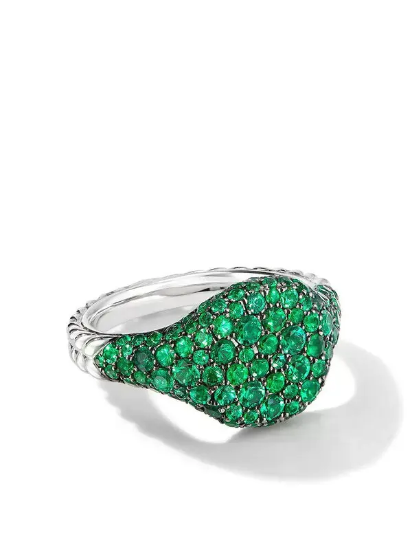 David Yurman 18kt White Gold Chevron Emerald Pinky Ring - Silver