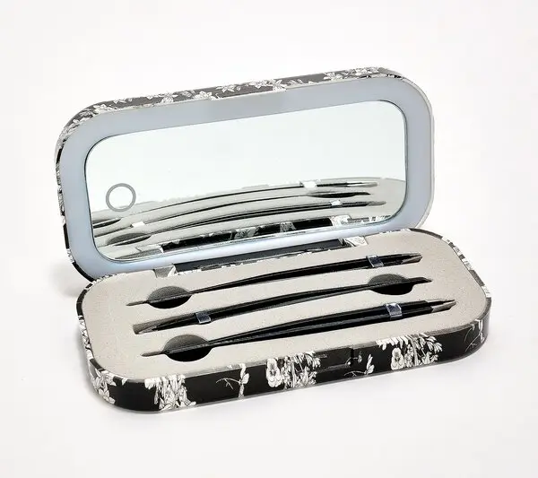 POP SONIC Set Of 3 Stainless Steel Tweezers & Led Mirror Case - Silver