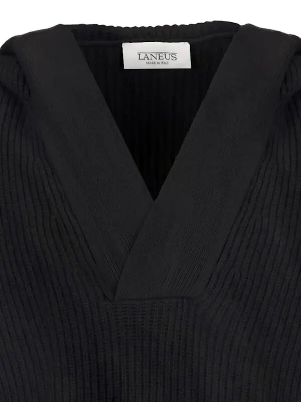 LANEUS Ribbed Knit Hoodie - 110 Nero/black