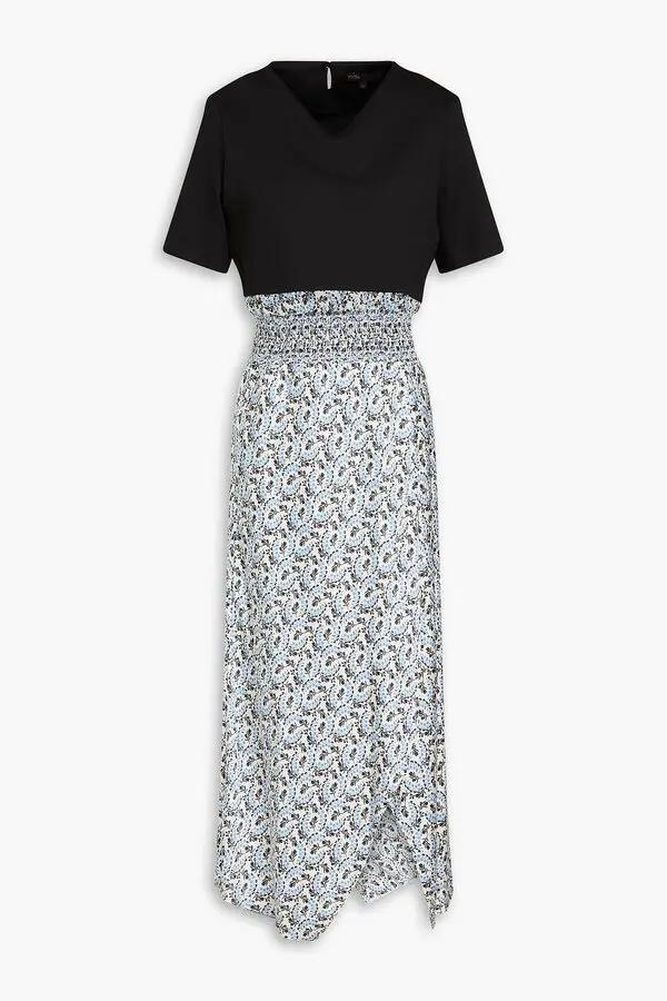 Maje Floral-print Satin And Stretch-jersey Midi Dress