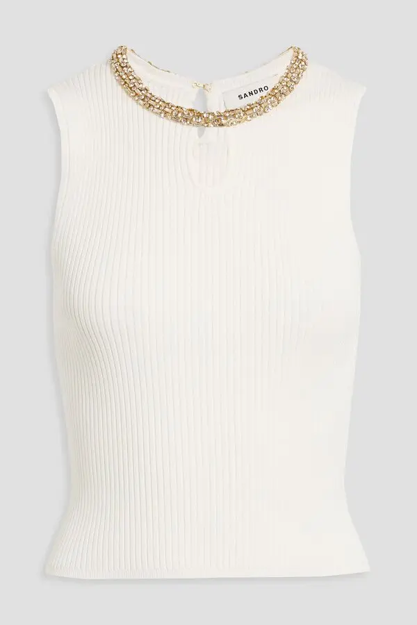 Sandro Crystal-embellished Ribbed-knit Top