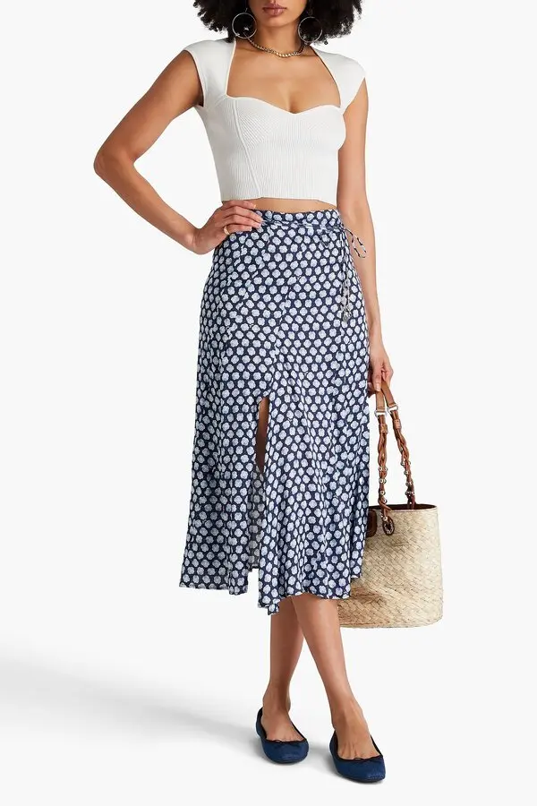 Maje Printed Satin Midi Skirt