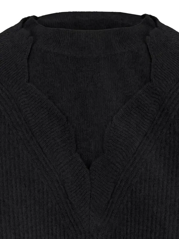 LANEUS Ribbed V-neck Sweater - Black