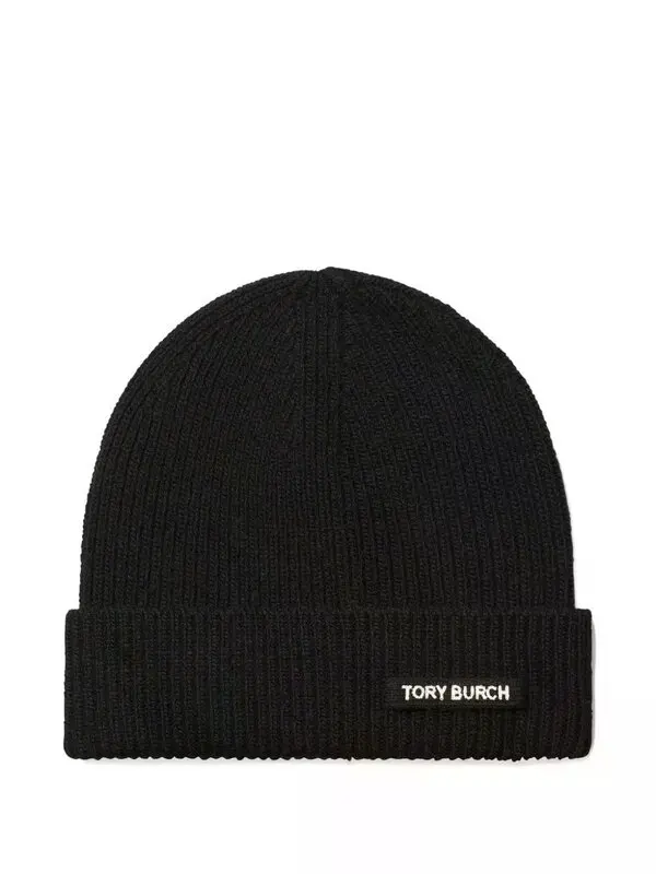 Tory Burch Ribbed Logo-detail Beanie - Black