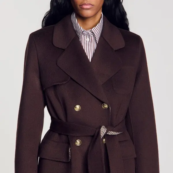 Sandro Double-faced Wool Coat With Check Interior