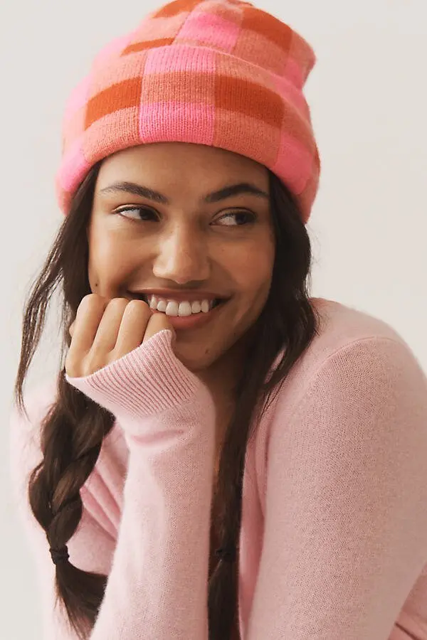 Maeve Gingham Knit Beanie - Pink/red