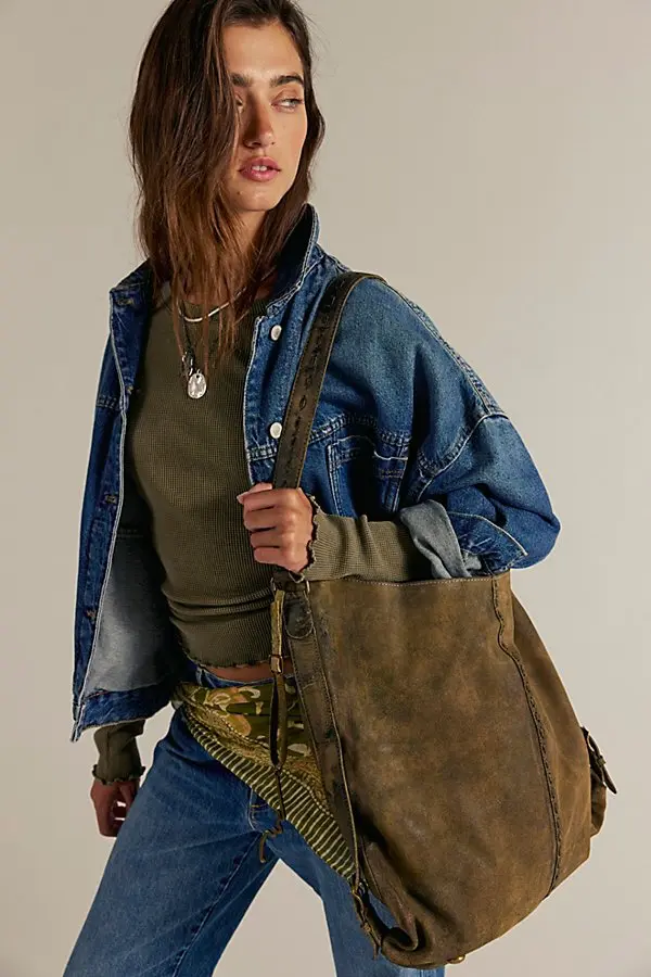 Free People We The Free Dallas Distressed Leather Bag - Sandblast Khaki