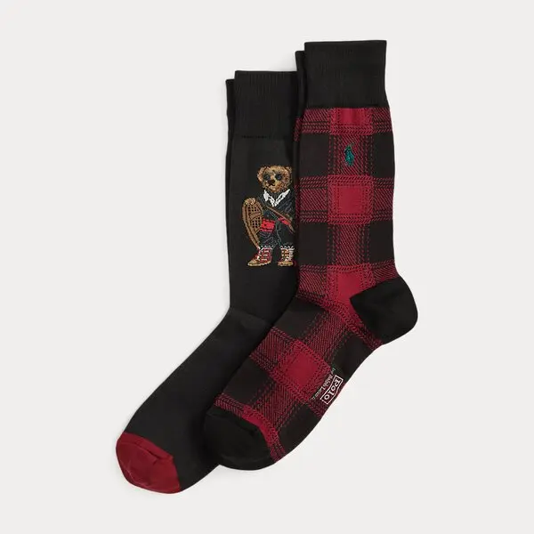 Ralph Lauren Polo Bear & Plaid Trouser Socks 2-pack - Black/red