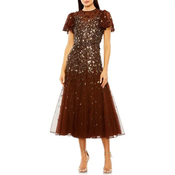 Mac Duggal Flutter Sleeve Beaded Tea-length Dress - Espresso