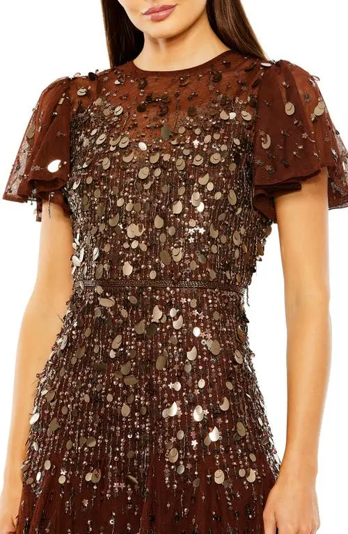 Mac Duggal Flutter Sleeve Beaded Tea-length Dress - Espresso