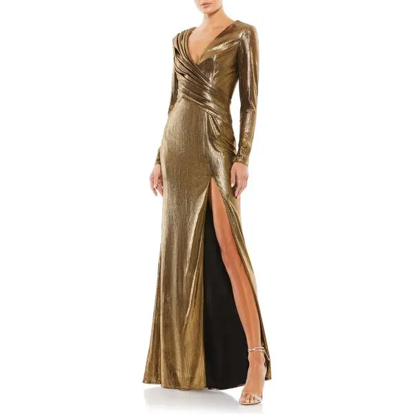 Mac Duggal Metallic Long Sleeve Asymmetrical Ruched Gown - Gold-2