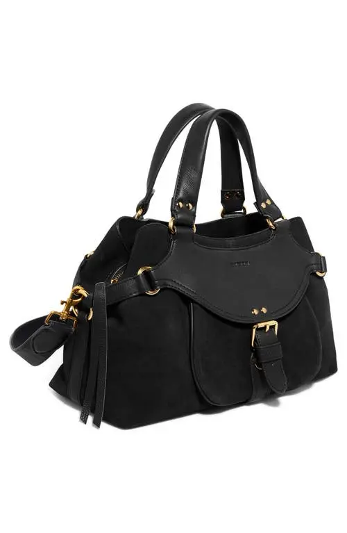 AIMEE Dash Large Leather Satchel - Black Suede