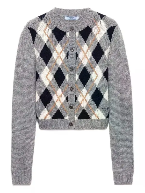 Prada Diamond-pattern Wool Cardigan - Grey