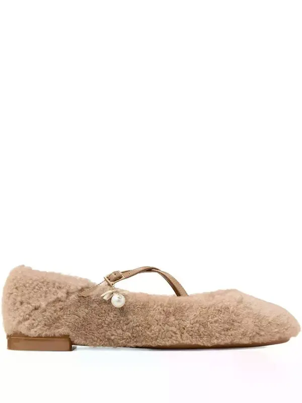 JIMMY CHOO Eleri Shearling Ballerina Flats With Pearl Embellishment - Brown