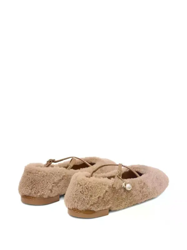 JIMMY CHOO Eleri Shearling Ballerina Flats With Pearl Embellishment - Brown