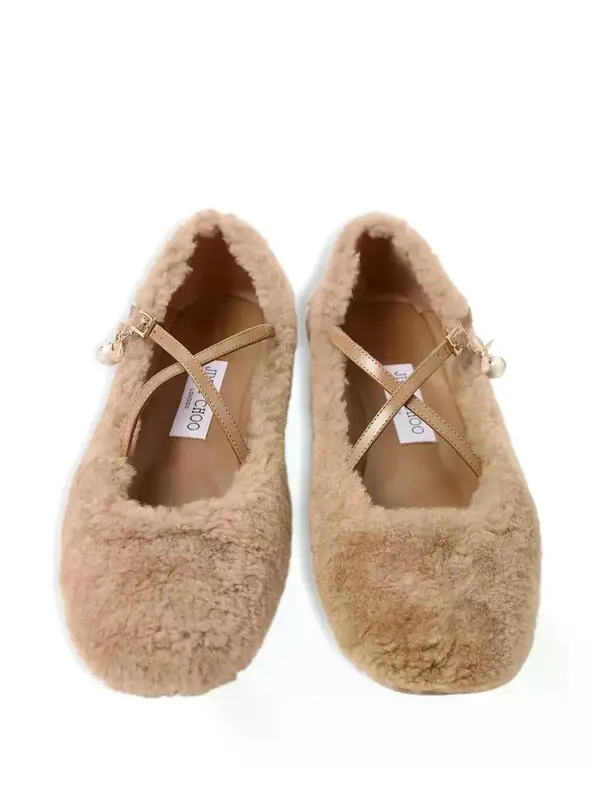 JIMMY CHOO Eleri Shearling Ballerina Flats With Pearl Embellishment - Brown