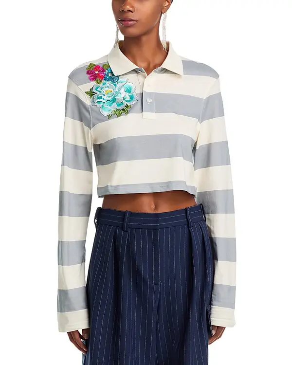 AREA Embroidered Flower Rugby Stripe Crop Polo - Cream/grey