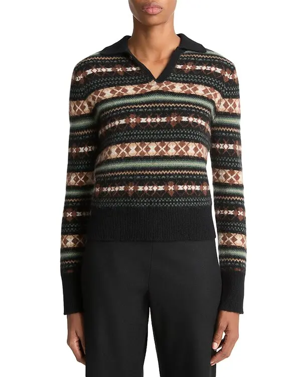 Vince Fair Isle Cashmere Polo Sweater - Cacao/mala