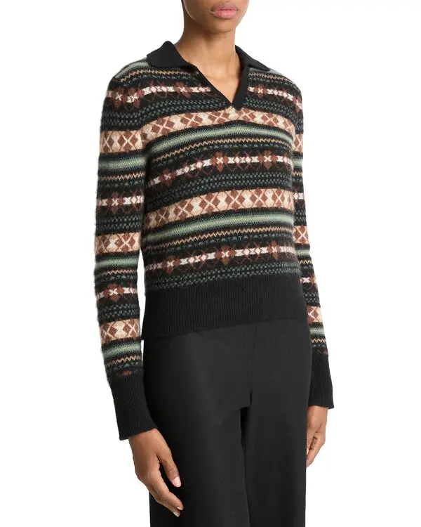 Vince Fair Isle Cashmere Polo Sweater - Cacao/mala