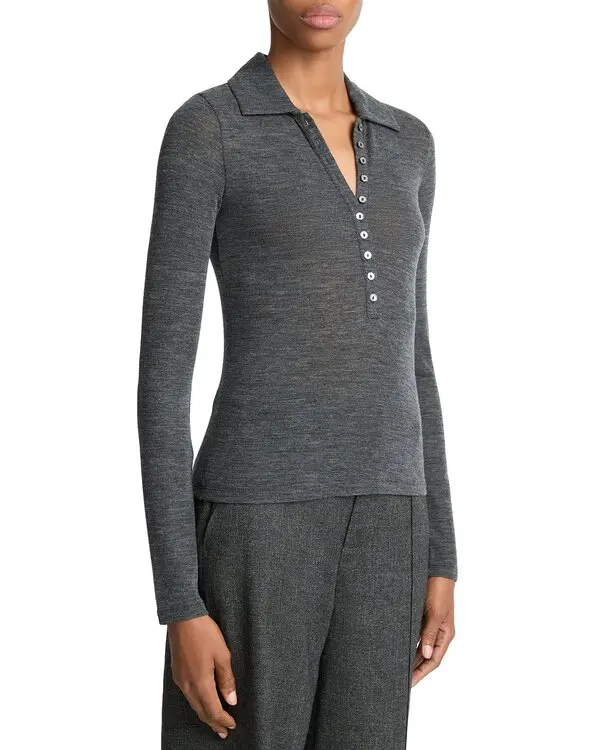 Vince Long Sleeved Multi Button Wool Polo Top - Medium Heather Grey