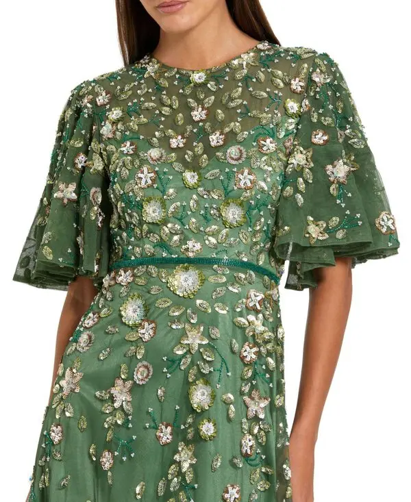 Mac Duggal Floral Embellished Flutter Sleeve Midi Dress - Sage