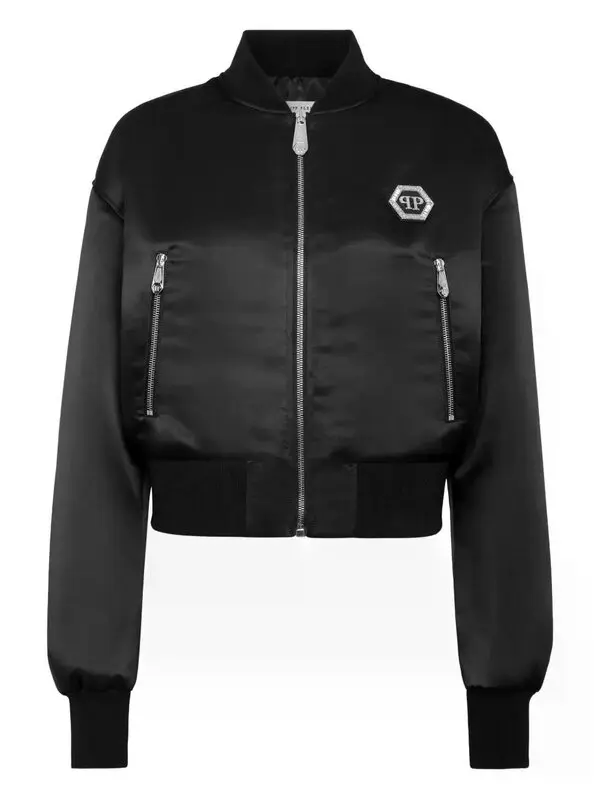Philipp Plein Satin Bomber Jacket With Logo Plaque