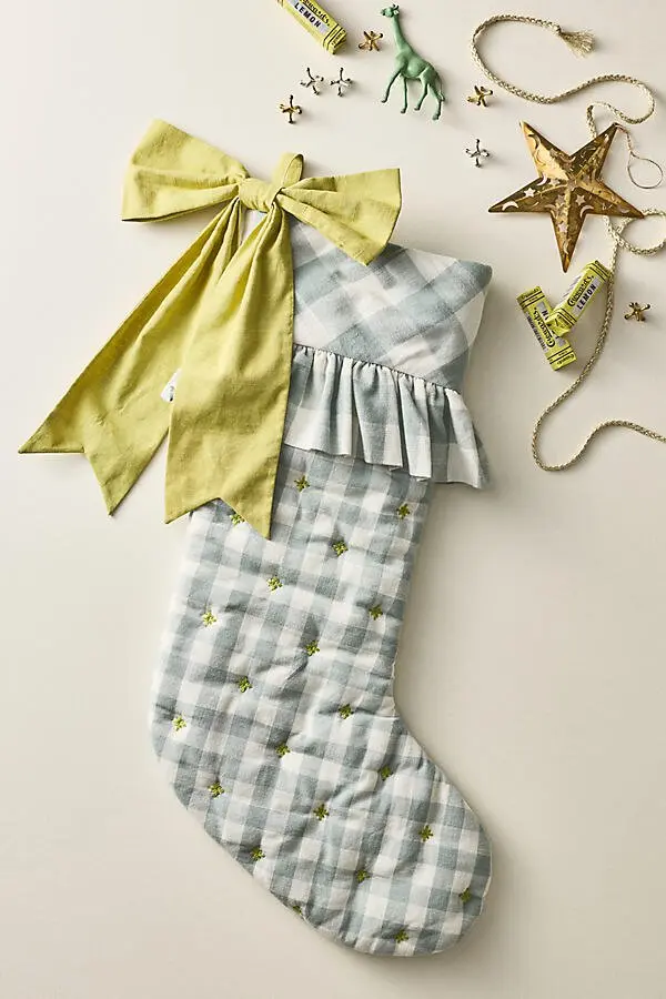Anthropologie Gingham Bow Stocking - Mint