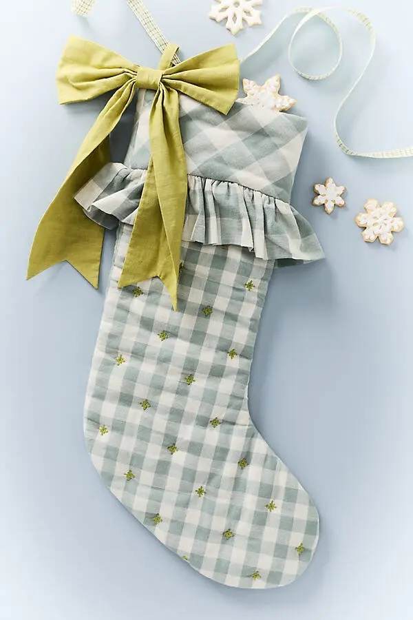 Anthropologie Gingham Bow Stocking - Mint