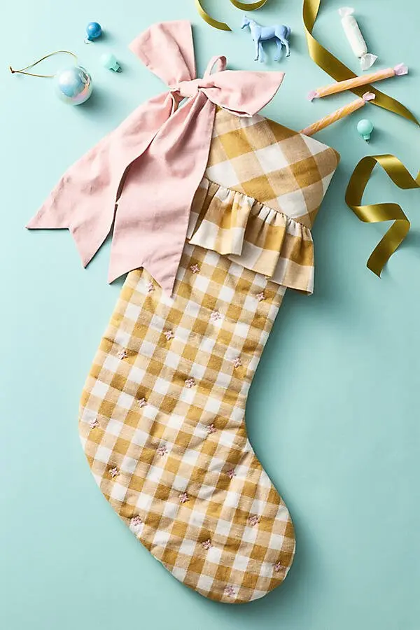 Anthropologie Gingham Bow Stocking - Ochre