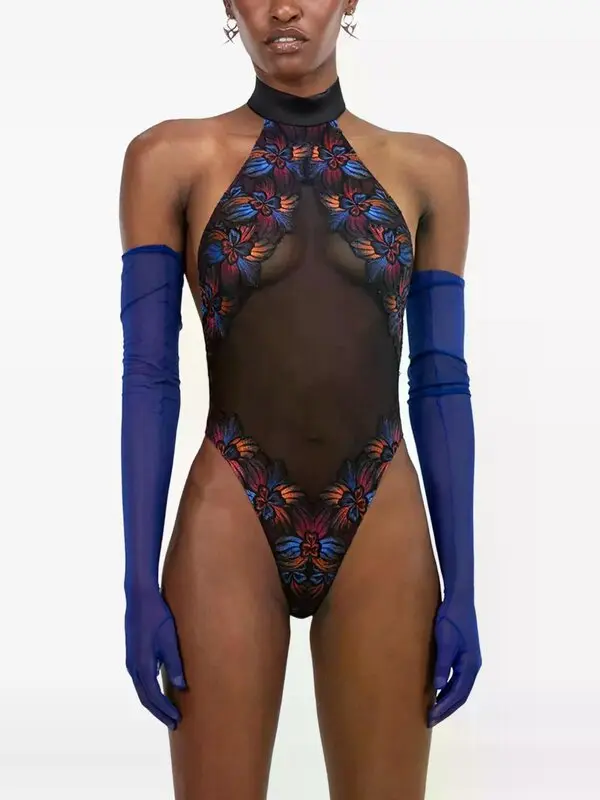 ZHILYOVA Floral-embroidered Halter Bodysuit - Blue