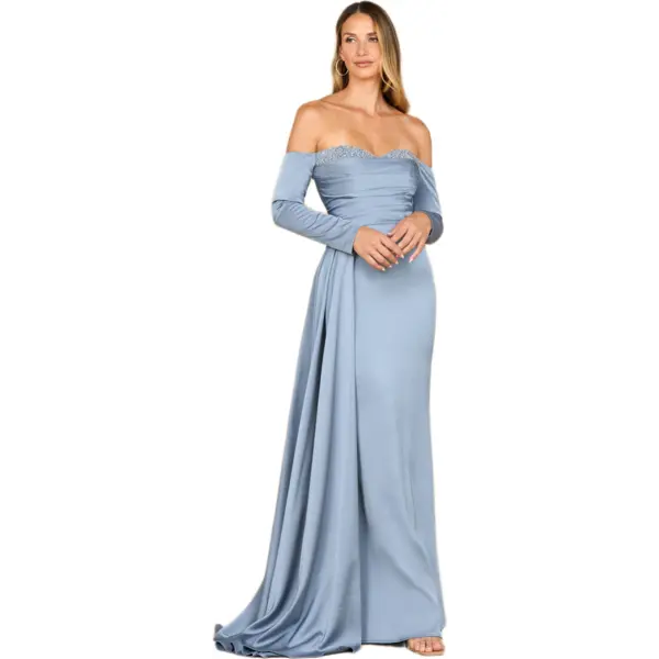 LARA NEW YORK Off Shoulder Satin Dress With Beaded Details - Dusty Periwinkle