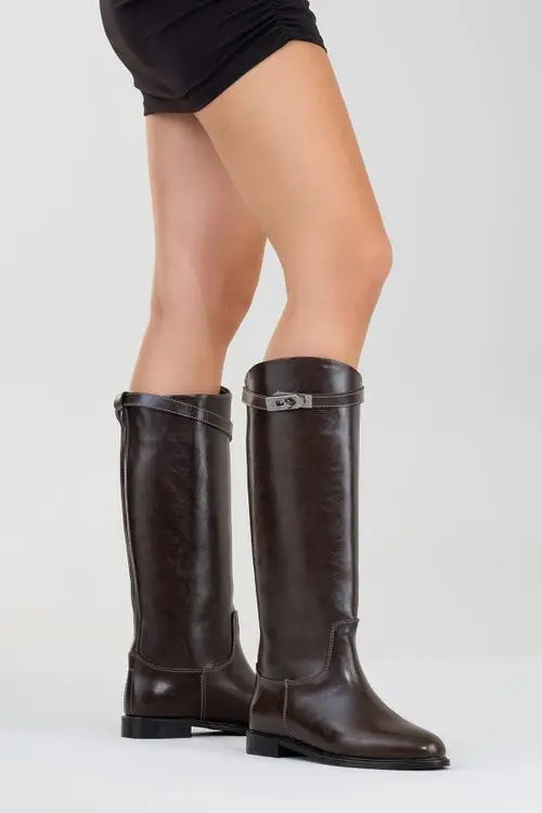 PROLOGUE SHOES Yoko Knee High Boots - Brown Faux Leather