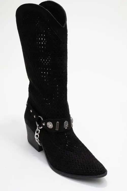 PROLOGUE SHOES Lumen Block Heel Boot - Black Faux Leather