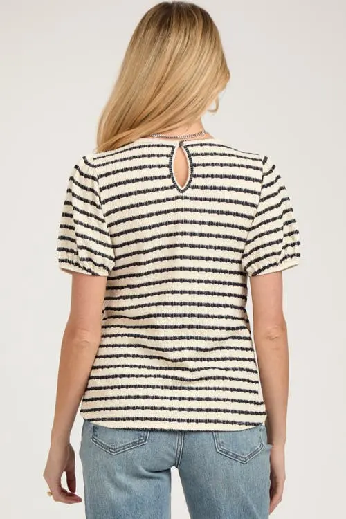 PINKBLUSH Striped Textured Puff Sleeve Top - Black