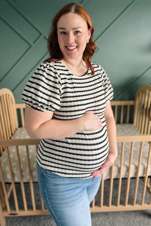 PINKBLUSH Striped Textured Puff Sleeve Top - Black