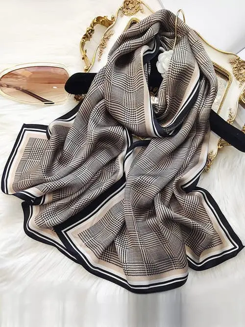 SILKSILKY Mulberry Silk Printed Long Rectangle Shawl Scarf - Black