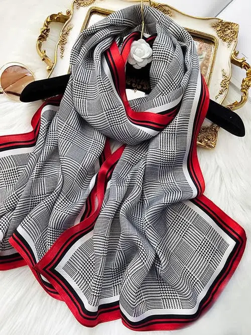 SILKSILKY Mulberry Silk Printed Long Rectangle Shawl Scarf - Red