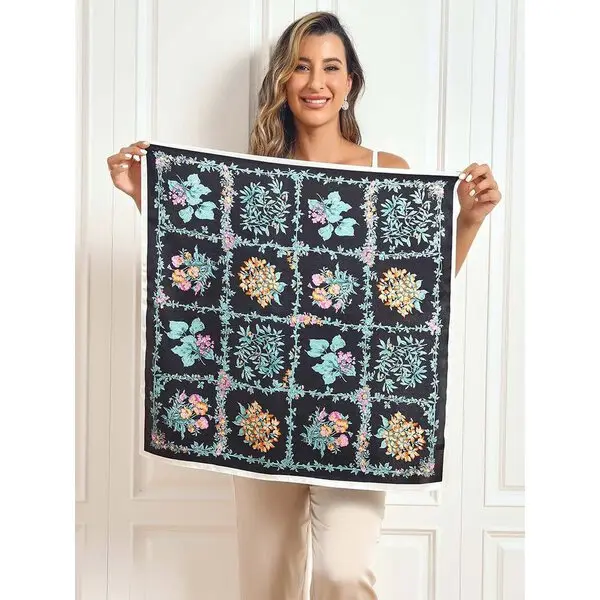 SILKSILKY Pure Silk Floral Pattern Square Scarf - Black