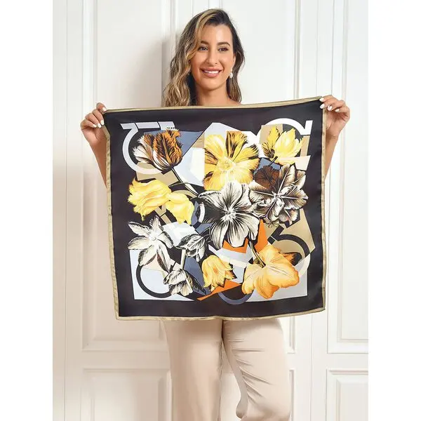 SILKSILKY Pure Silk Floral Pattern Square Scarf - Yellow
