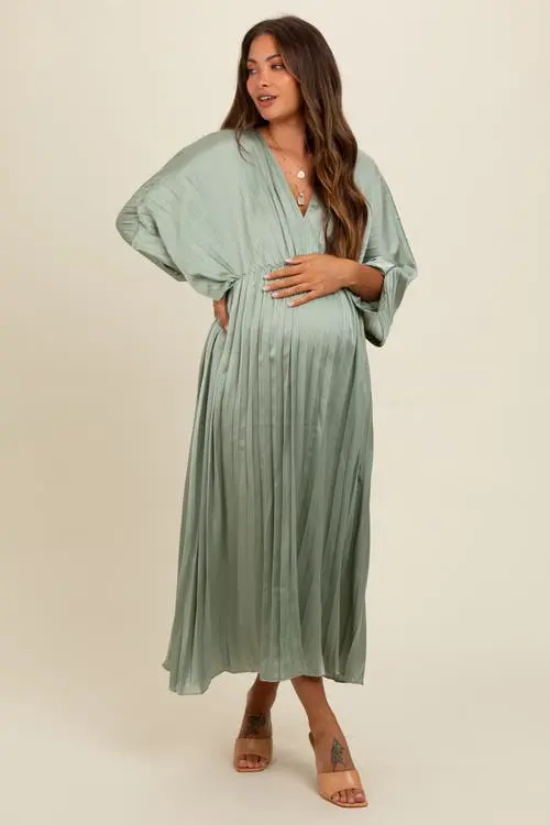 PINKBLUSH Satin Pleated V-neck Maxi Dress - Light Olive
