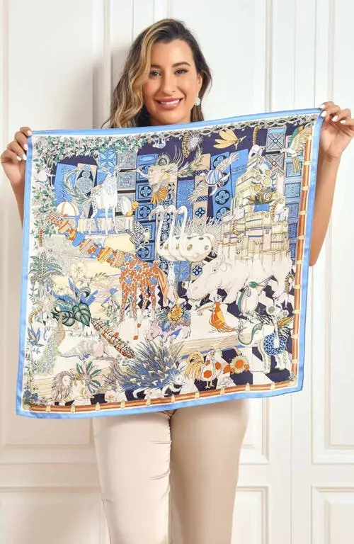 SILKSILKY Pure Silk Scenery Pattern Square Scarf - Lightblue