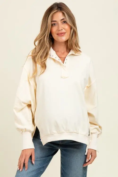 PINKBLUSH Snap Button Pullover Henley Sweatshirt - Cream
